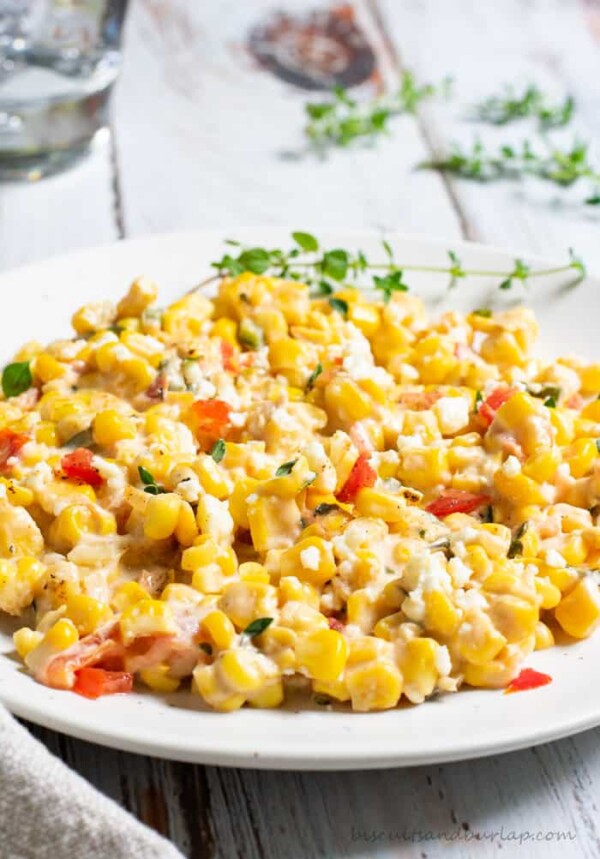 Fresh Corn with Shrimp, Feta and Peppers