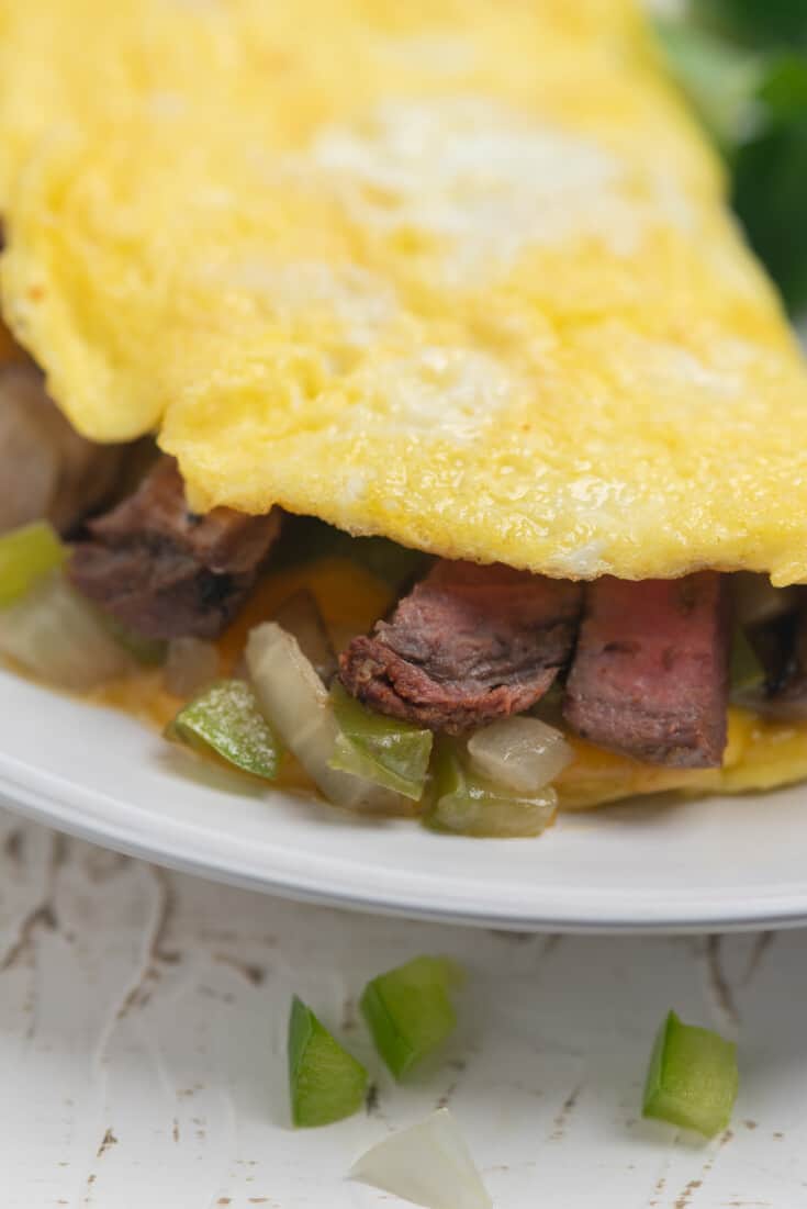 Steak Omelette with Peppers, Onions, and Mushrooms